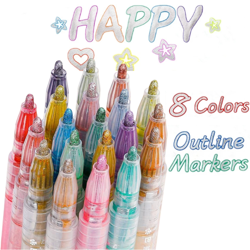 [พร้อมสต็อก] 8PCS Outline Marker Pen Metallic Double Line Art Contour ...