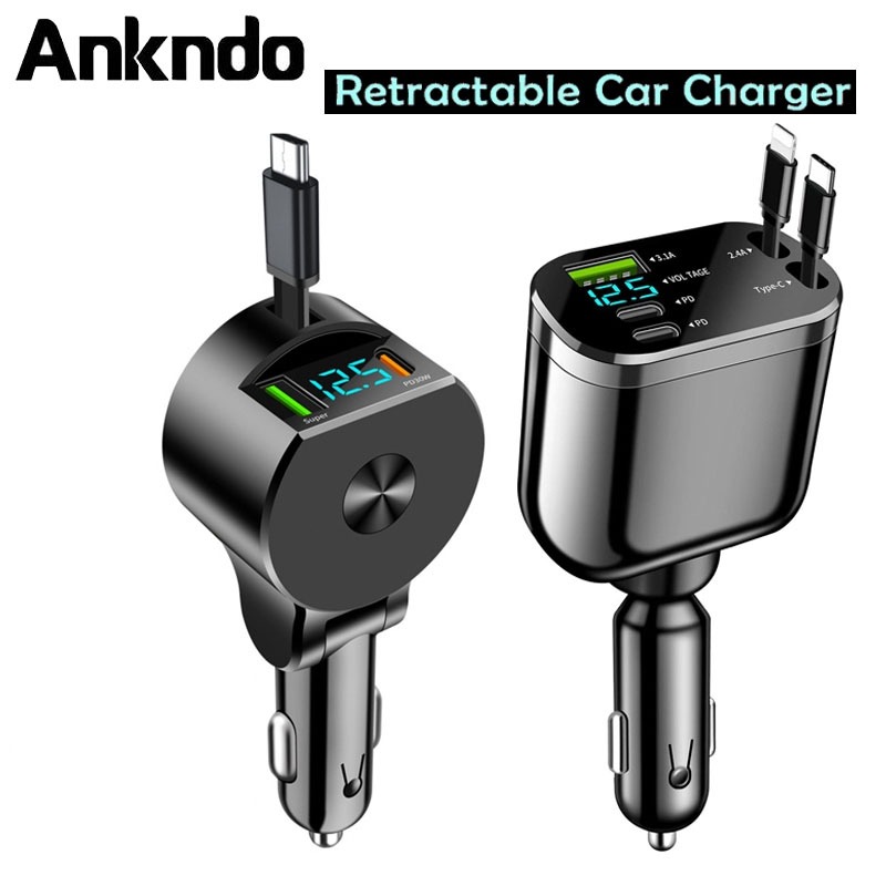 Retractable Car Charger 3 in 1 Super Fast Charger PD 30W USB Type C ...