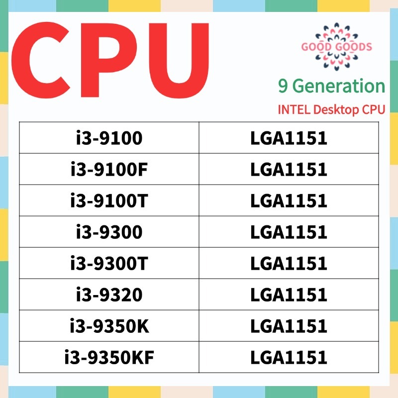 I3-9100 i3-9100F i3-9100T i3-9300 i3.9300T I3-9100TE i3-9320 i3-9350K i3-9350KF 9th generation ...