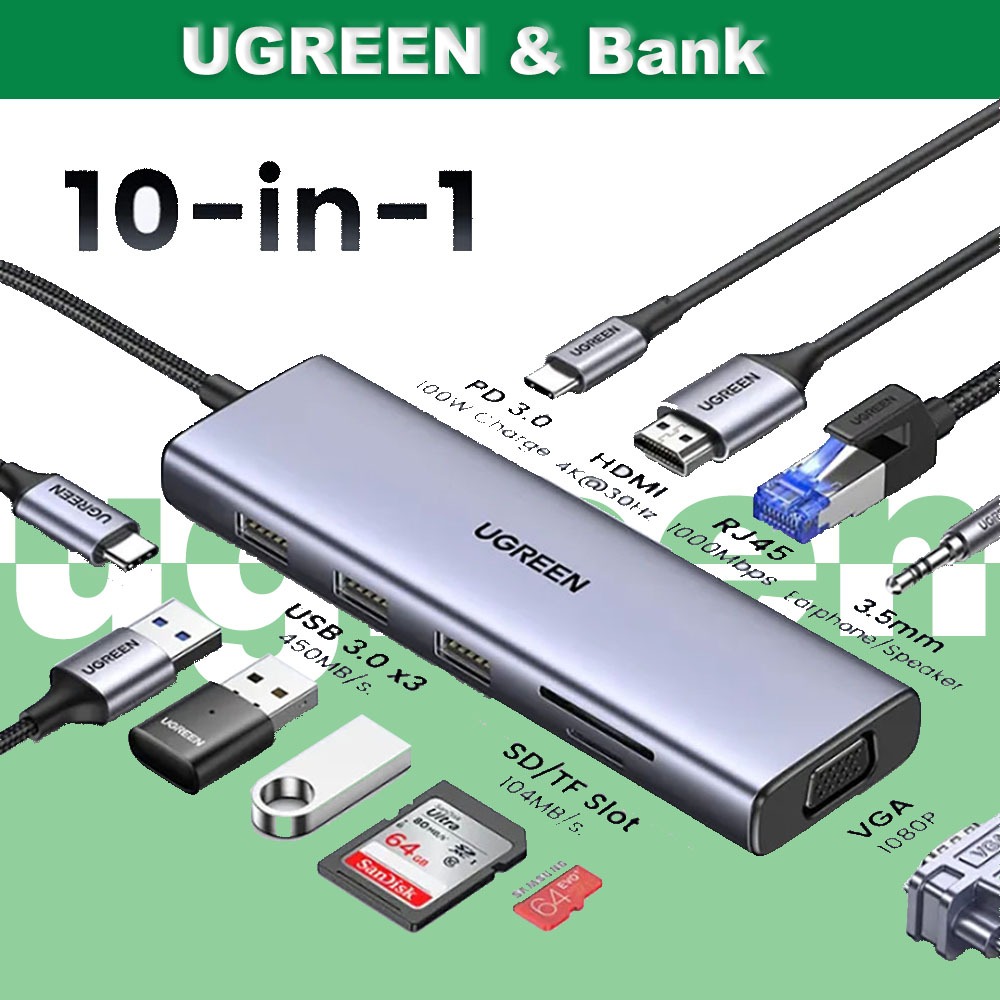 Ugree n 10 in 1 USB C Hub ฐานมือถือ 4K HDMI VGA 100W การส่งผ่านพลังงาน ...