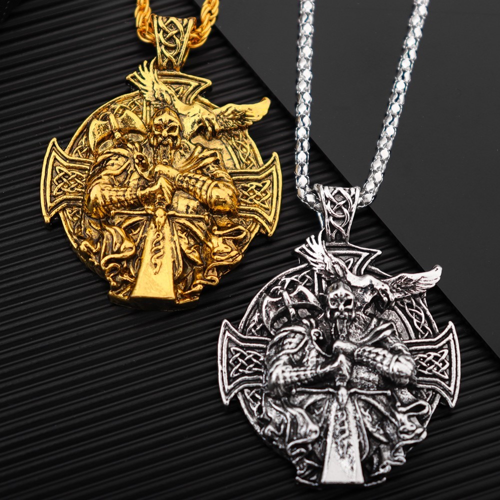 เงิน Amulet สร้อยคอสําหรับชาย Nordic Mythology Warrior Odin Cross จี้ ...