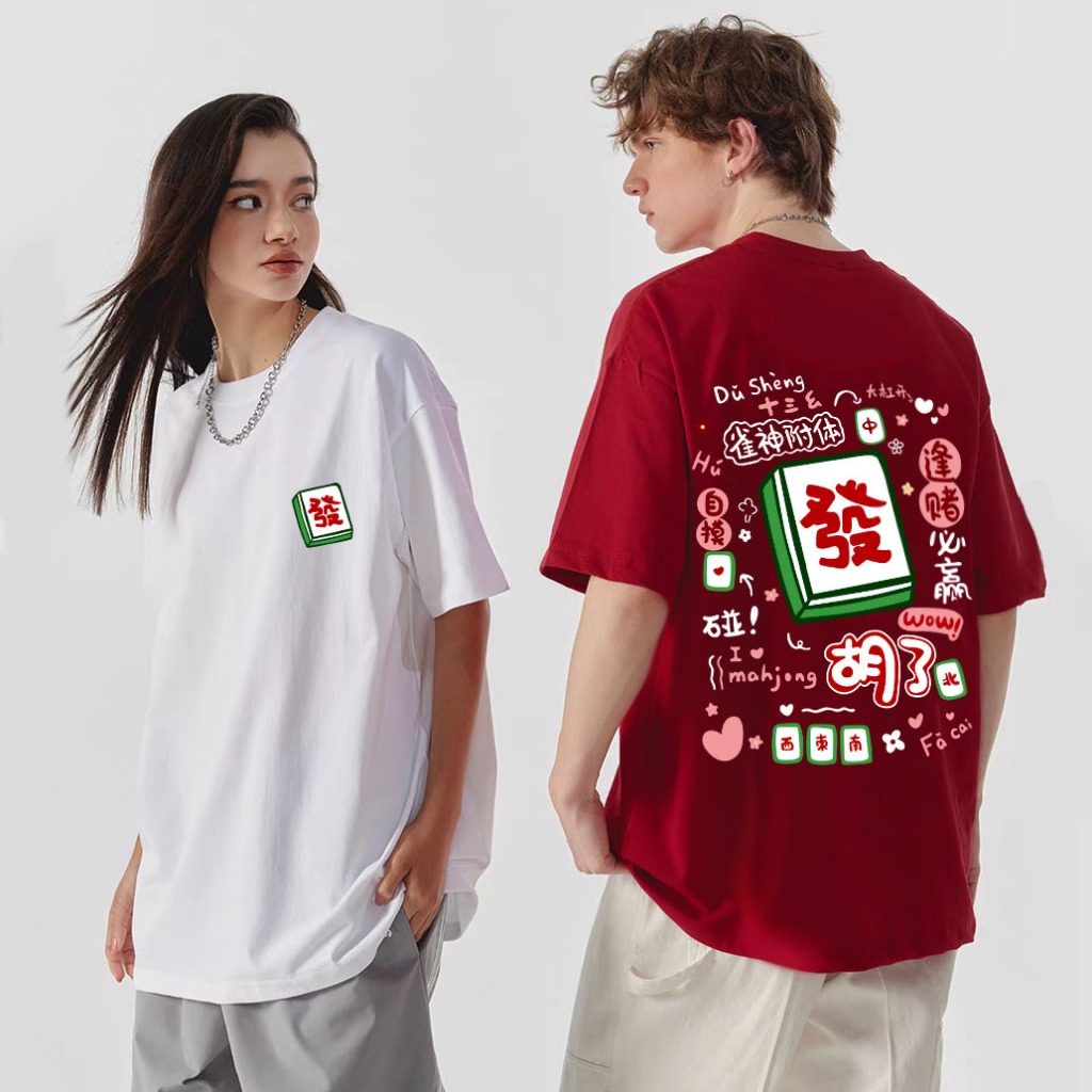 S-8xl 2025 CNY เสื้อผ้าปีใหม่ Harajuku สไตล์ street graffiti ไพ่นกกระจอกพิมพ์รอบคอแขนสั้นเสื้อ ...