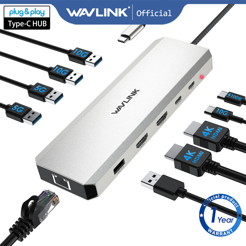Wavlink Dual 4K Display Hub 10-IN-1 USB C 10G แล็ปท็อป Docking Station ...