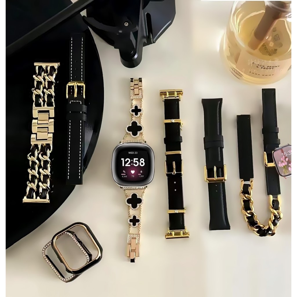 Luxury Gold black Watch Strap สาย Fitbit Versa 4 Strap Metal Leather ...
