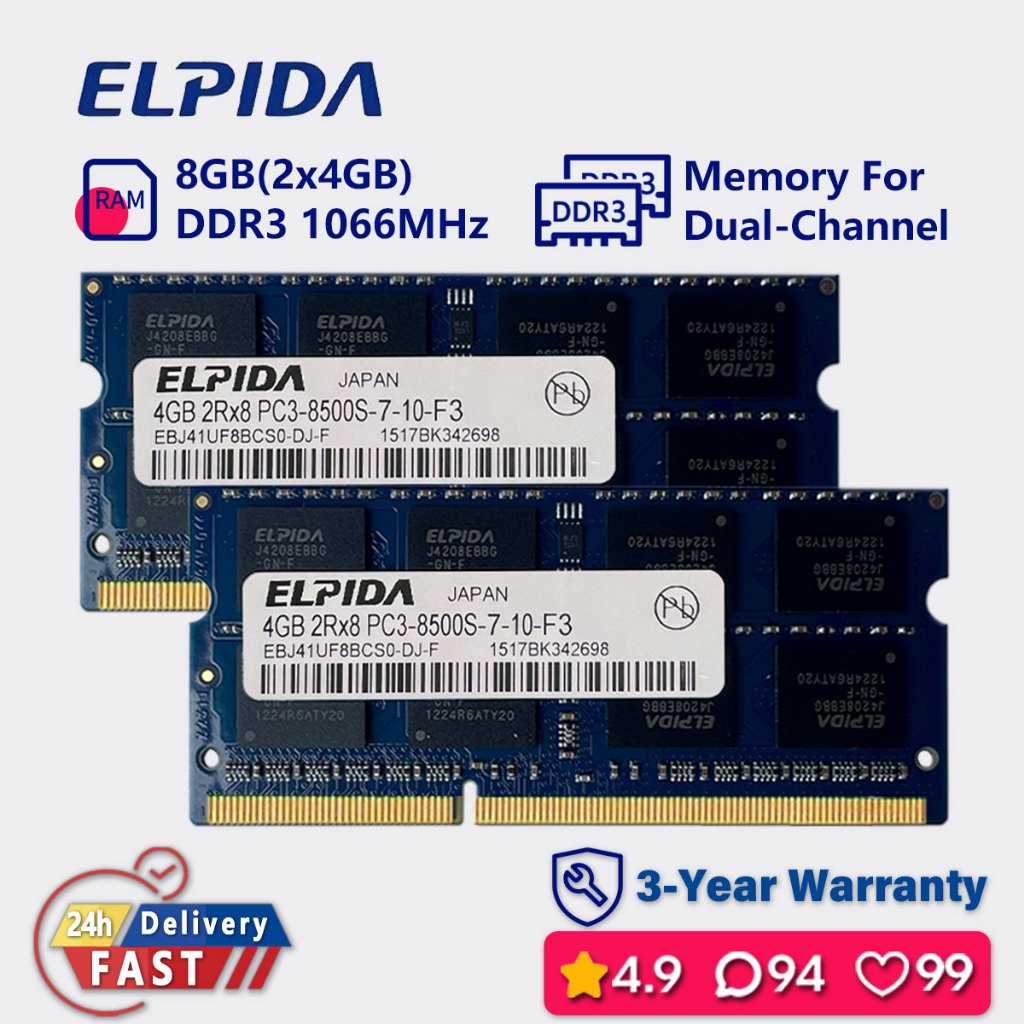Elpida 8gb 1066mhz ddr3 หน่วยความจําแล็ปท็อปสองช่อง ram sodimm pc3 ...