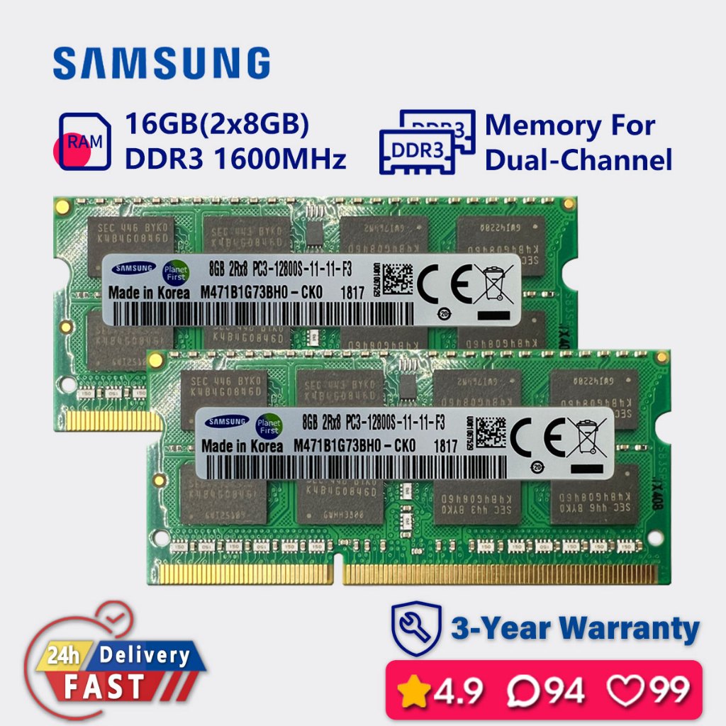 Samsung 16gb 8gb 1600mhz ddr3 หน่วยความจําแล็ปท็อปสองช่อง ram sodimm ...