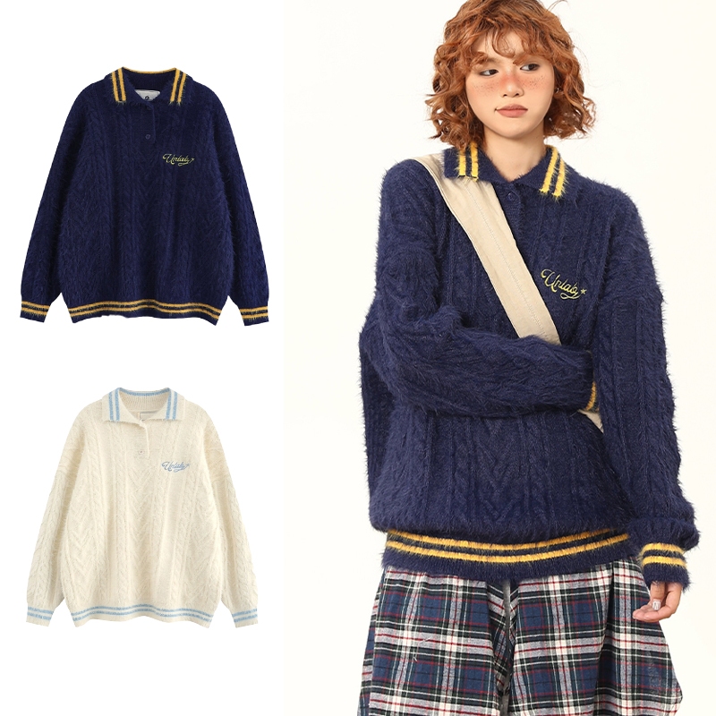 HANLU เสื้อกันหนาวผู้ชายสไตล์วิทยาลัยอังกฤษบิดเสื้อโปโลคอปกด้านบน ...