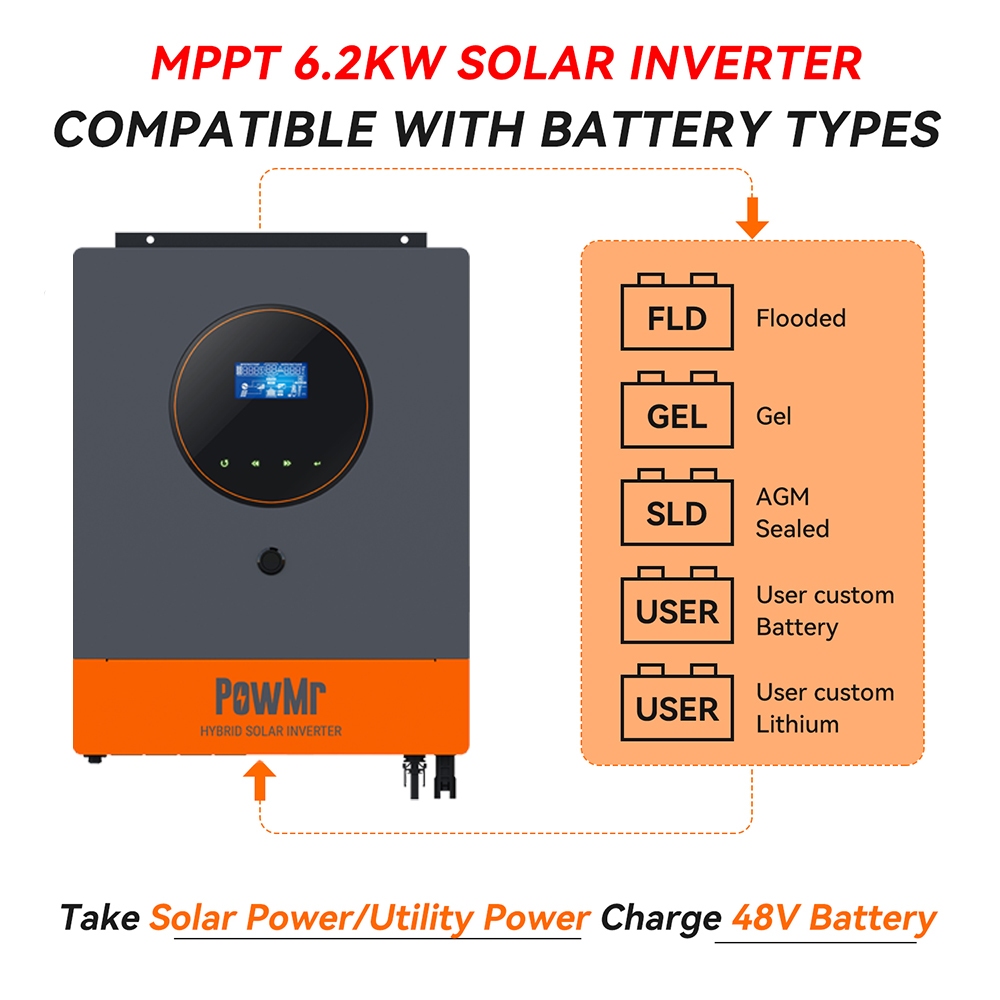 Powmr 6.2KW Off-Grid Hybrid Solar Inverter 48V MPPT 120A Solar Charger Controller 500VDC Hybrid ...