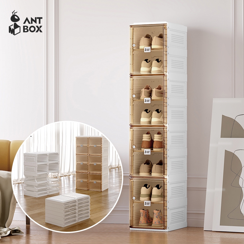 ANTBOX [พร้อมส่ง!!] กล่องใส่รองเท้า 1 แถว ติดตั้งง่าย พับเก็บได้ มีหลายช่องเก็บ ประตูแม่เหล็ก ...