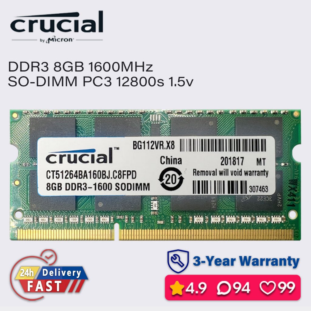 Crucial ddr3 8gb 4gb 1600mhz ram แล็ปท็อป sodimm หน่วยความจํา pc3 12800s 1.5v | Shopee Thailand