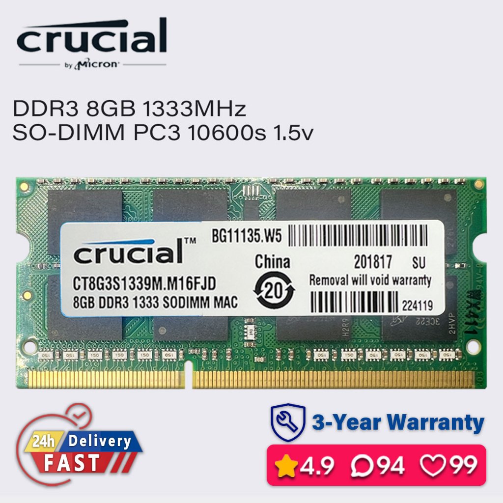 Crucial ddr3 8gb 4gb 1333mhz ram แล็ปท็อป sodimm หน่วยความจํา pc3 10600s 1.5v | Shopee Thailand