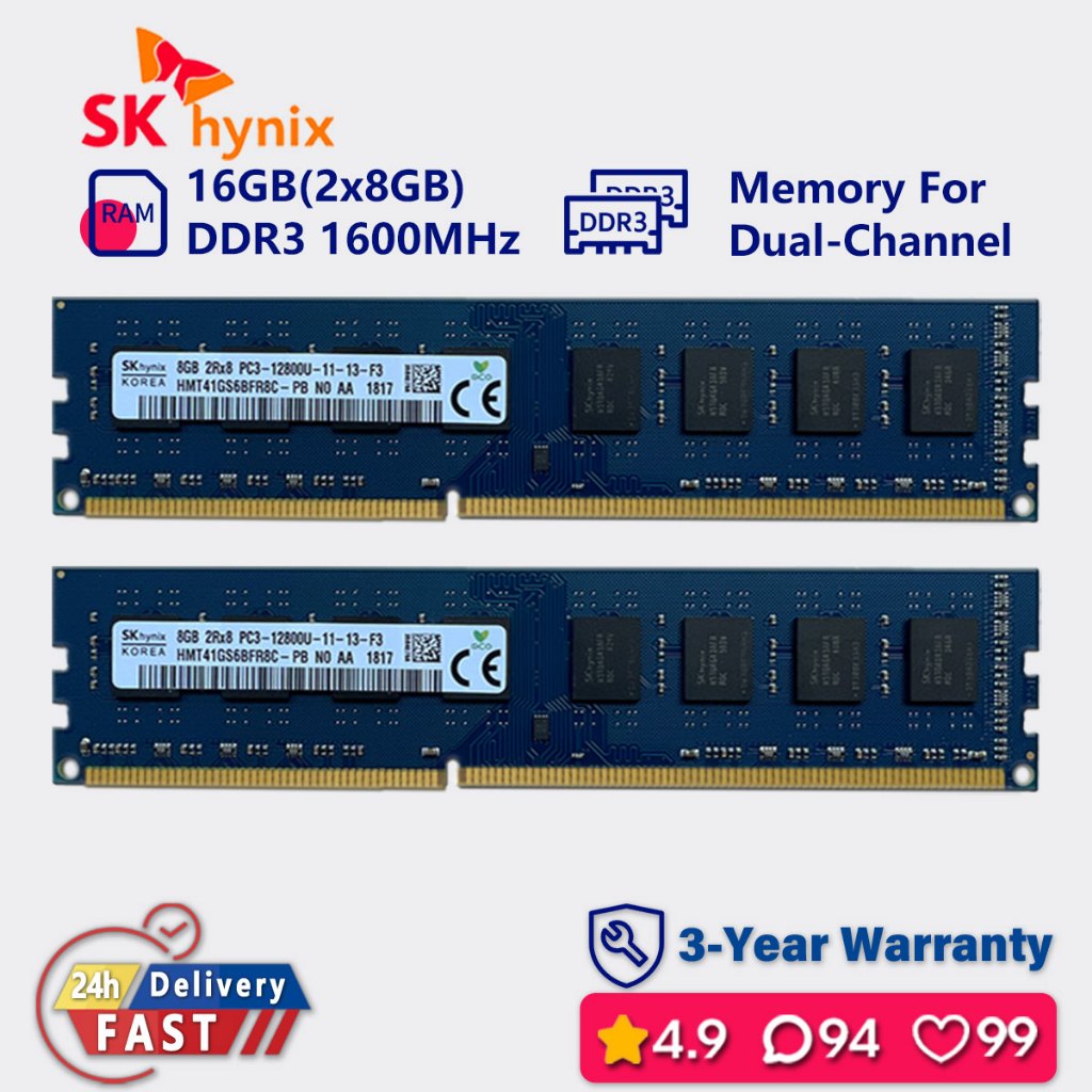 Sk HYNIX 16gb 8gb 1600mhz ddr3 หน่วยความจําเดสก์ท็อปสองช่อง dimm pc3 12800 1.5v RAM | Shopee ...