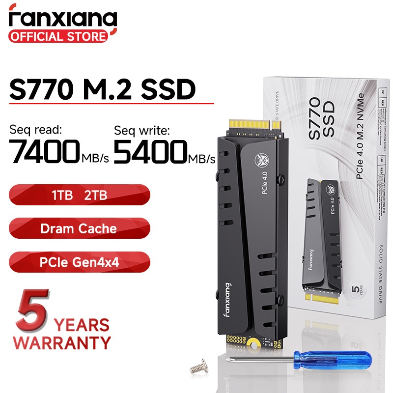 Fanxiang S770 SSD M.2 NVME PCIe 4.0 1TB 2TB 7400MB/s Dram แคช TLC พร้อมฮีทซิงค์สําหรับ PC ...