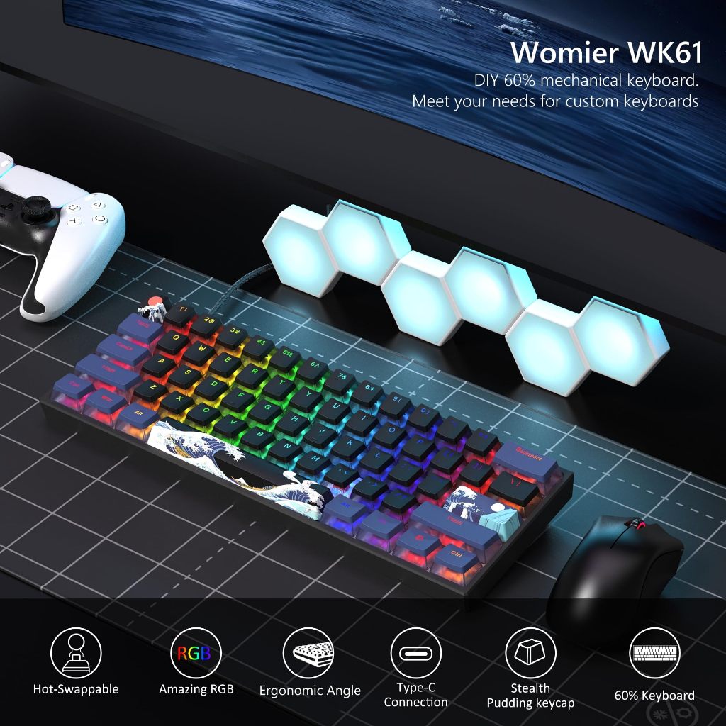 Womier WK61 Mechanical RGB คีย์บอร์ดเกมแบบมีสาย Hot-Swappable คีย์บอร์ด ...