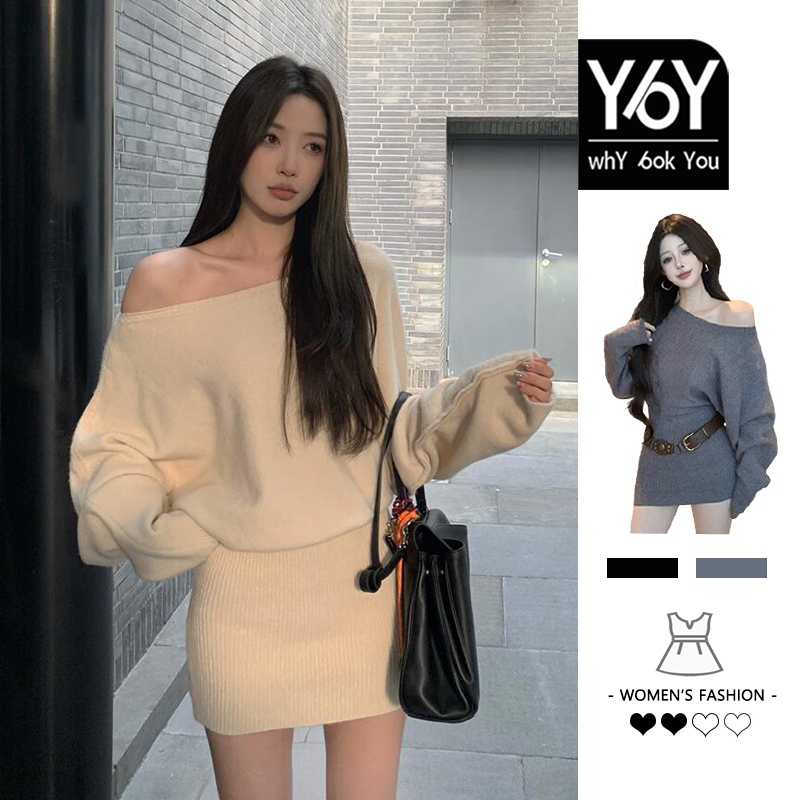 Y6y ฤดูใบไม้ร่วงเซ็กซี่ไหล่เดียวสุภาพสตรีแขนยาวถักเสื้อกันหนาวสะโพกชุด ...