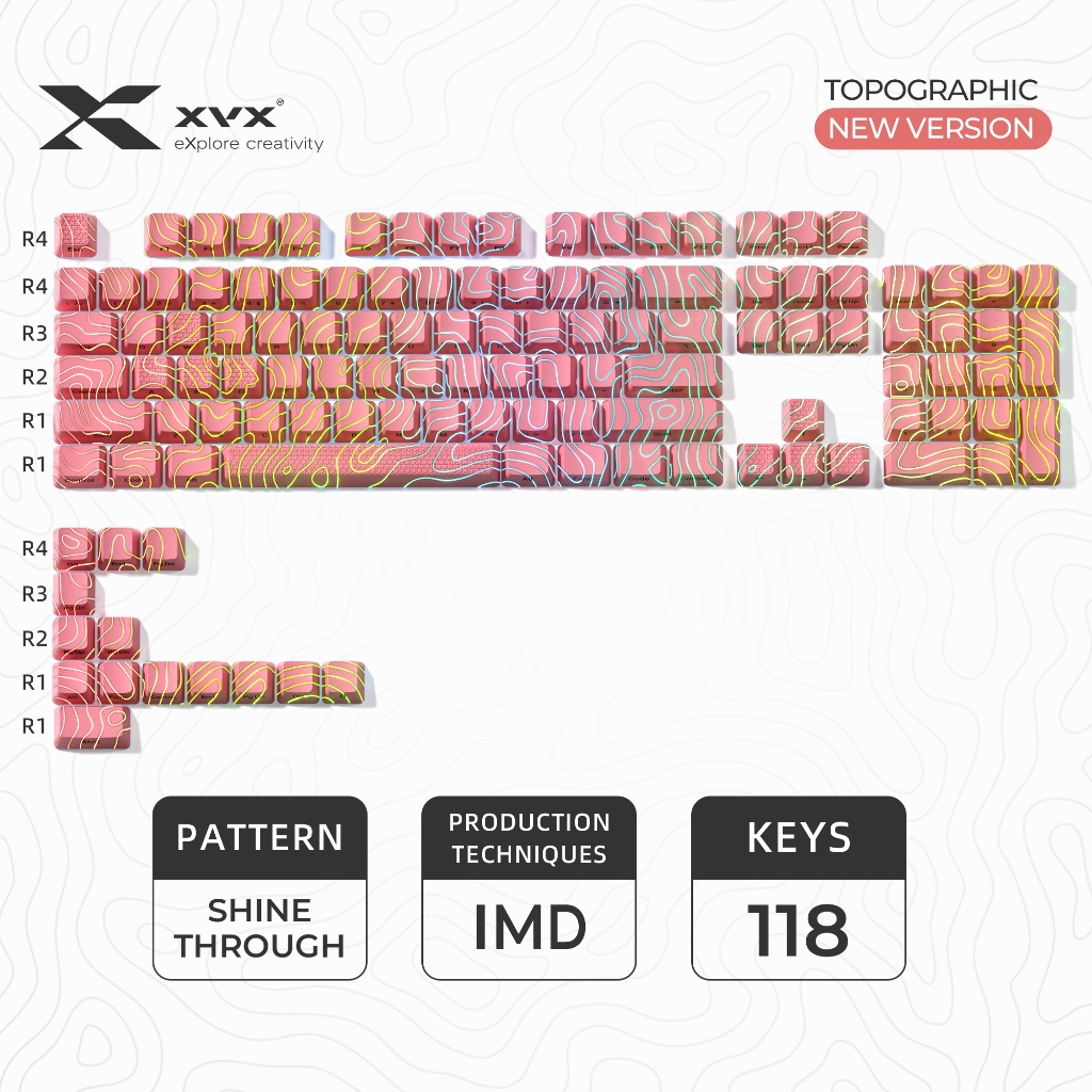 Xvx Pink Topographic เวอร์ชันใหม่รูปแบบ Shine-Through OEM Profile IMD-Tech Keycap Set 118 คีย์ ...