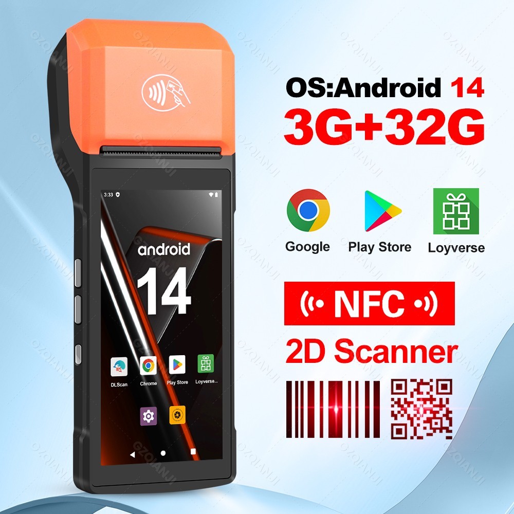 Android 14 PDA POS 3GB+32GB เครื่องพิมพ์ความร้อน 58 มม. เครื่องสแกน 2D รองรับ Loyverse POS, Grab ...