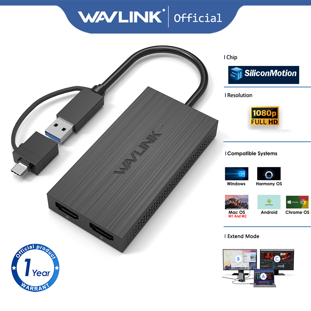 Wavlink USB 3.0 ถึง dual HDMI Graphic Adapter, Max 2K display output type A/type C อินพุตและ ...