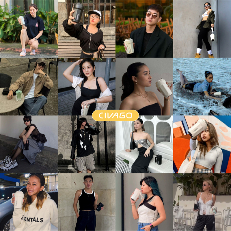 CIVAGO（13oz/390ml）แก้วกาแฟสแตนเลสซับเซรามิกพร้อมฝาปิดกระติกน้ําสูญญากาศ ...