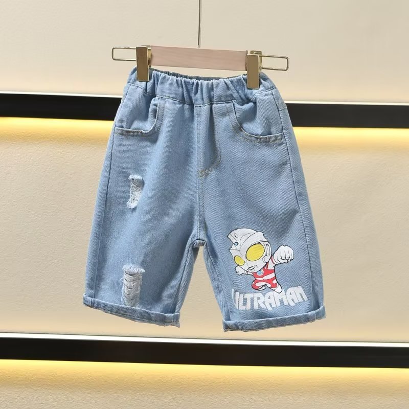Meason กางเกงยีนส์เด็กสั้น ผ้าฝ้าย เอวยางยืด สีน้ำเงิน ลายการ์ตูน มี ...