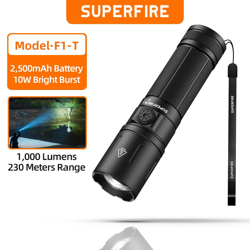 SUPERFIRE F1-T 10W ไฟฉายแบบพกพา งานหนัก กันน้ำแบบชาร์จไฟได้อลูมิเนียมอัลลอยด์ไฟฉาย แคมป์ปิ้งแบบ ...
