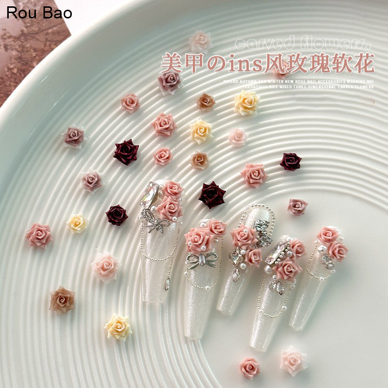 Rou Bao 50 ชิ้นเล็บนุ่มแกะสลัก Rose Camellia ดอกไม้ผสมความงาม Girly เร ...