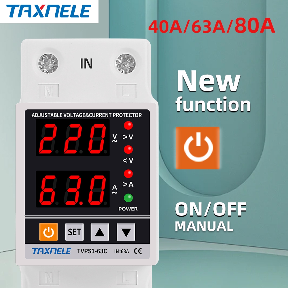 Taxnele 40A 63A 230V Din Rail ปรับดิจิตอล Over Under Voltage protector Over Current ป้องกัน ...
