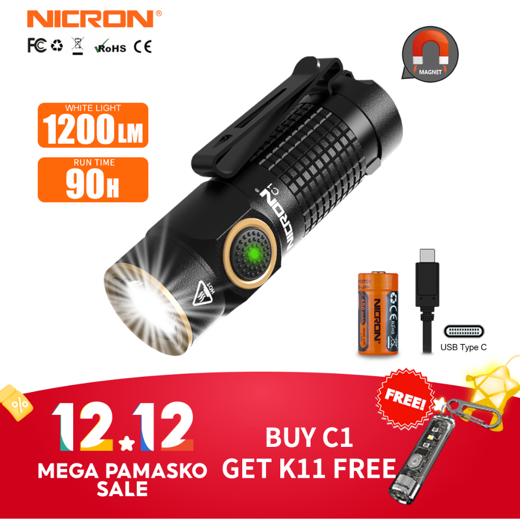 Nicron ไฟฉาย LED ขนาดเล็ก C1 1200lumens ไฟฉายสว่างเป็นพิเศษแบบชาร์จไฟ ...