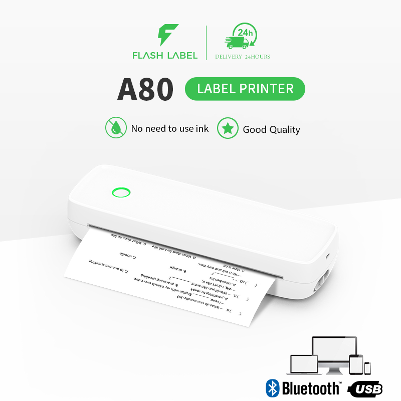 Flashlabel A80 เครื่องปริ้นแบบพกพาไร้สาย A4 Thermal Printer USB+Bluetooth ไม่ต้องใช้หมึก ...