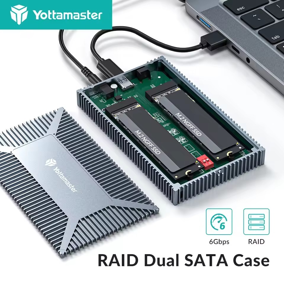 Yottamaster Dual Bay SATA RAID Enclosure 10Gbps M.2 NGFF SATA SSD Case USB C กล่องใส่ฮาร์ดไดรฟ์ ...