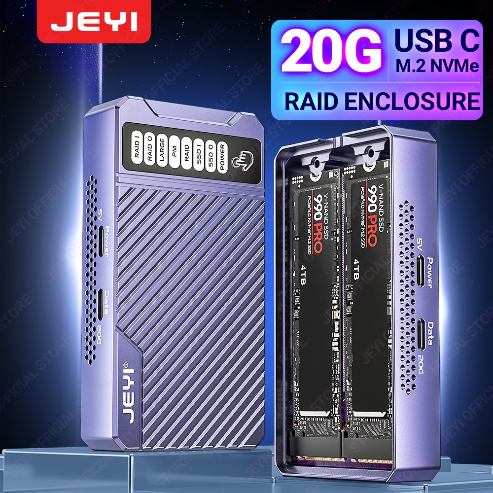 Jeyi ตู้ Nvme คู่, กล่อง RAID ฮาร์ดแวร์ 2 ชั้น, เคส SSD ความเร็วส่งสัญญาณ 20Gbps, รองรับ RAID0 ...