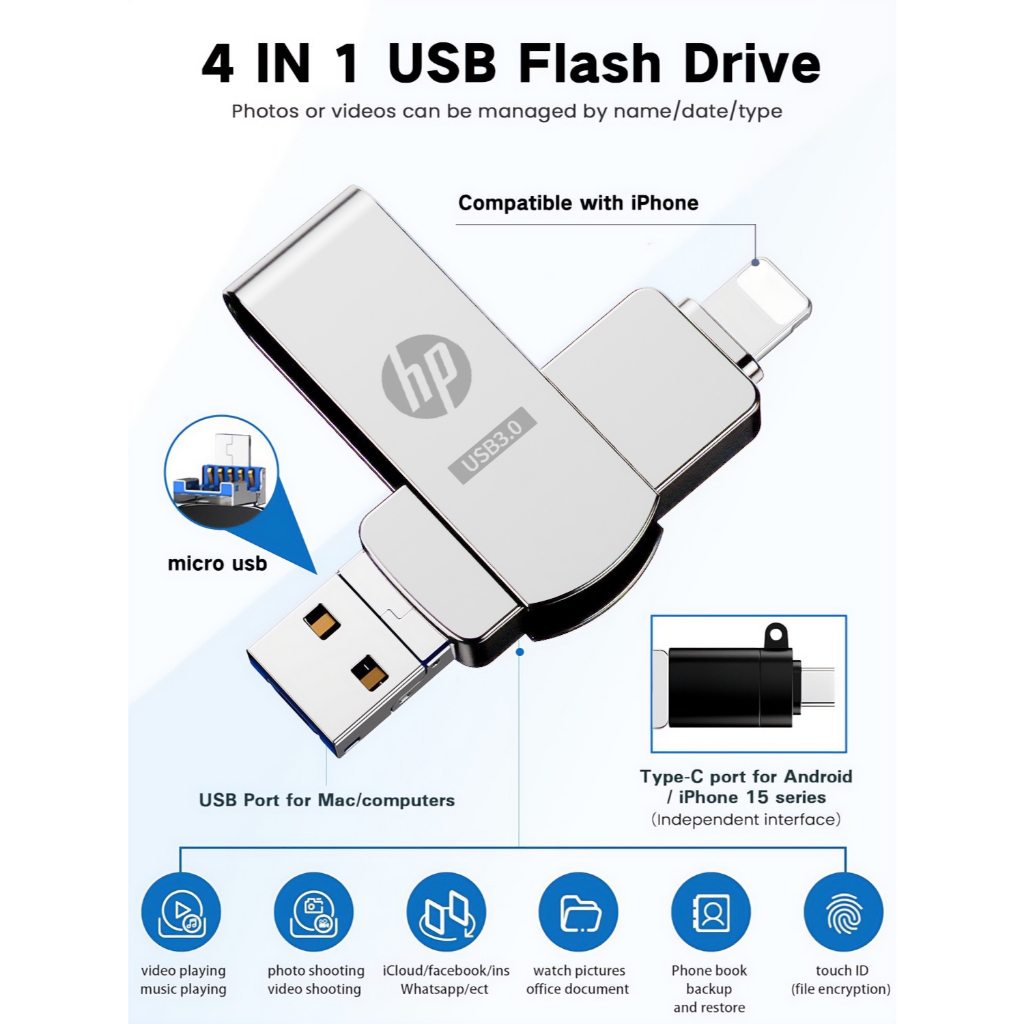 Hp แฟลชไดรฟ์ 1TB เหมาะสําหรับ Apple 3 in 1 USB3.0 Thumb Driver ความเร็ว ...