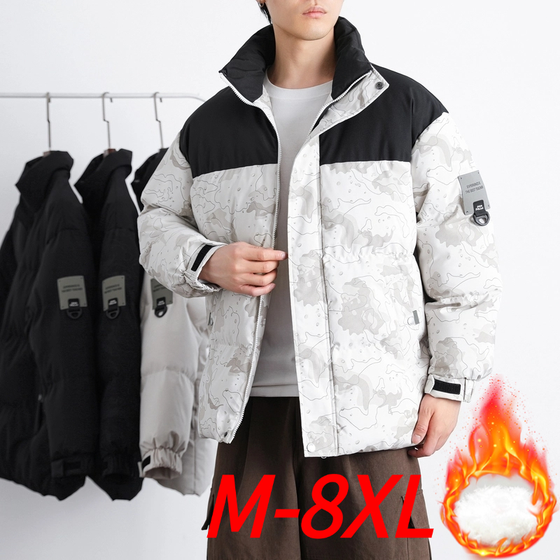 M-8xl Windproof Warm Stand-Up Collar เสื้อแจ็คเก็ตผ้าฝ้ายเย็บลวงตาหนา Plus ขนาดไขมัน Brea ...