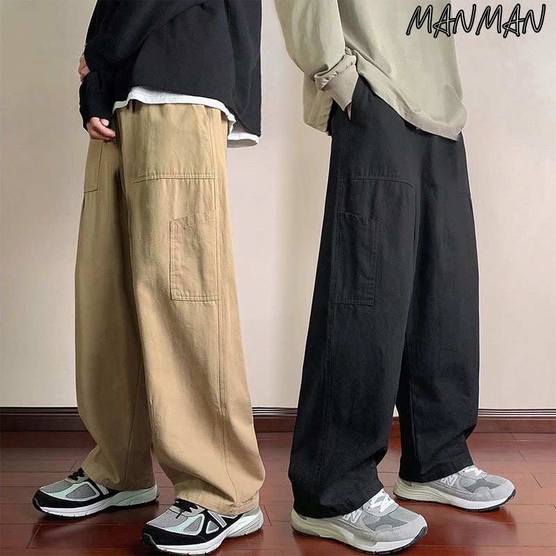 MANMAN กางเกงทำงานสำหรับผู้ชาย กระบอกตรง ขากว้าง อเมริกันไฮสตรีท ...