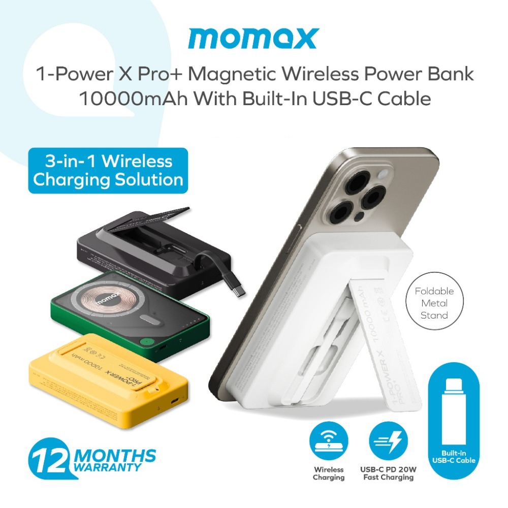 MOMAX Magnetic Wireless PowerBank 10000mAh With Built-In USB-C Cable ...