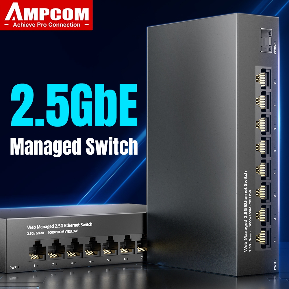 Ampcom 2.5GbE Managed Switch 8 Port 2.5GBASE-T Network Switcher 10G SFP+ Slot Uplink Web ...