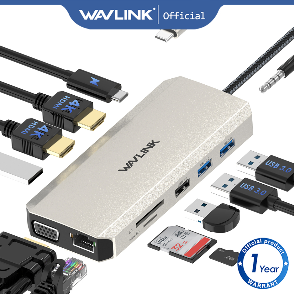 Wavlink USB C 12-in-1 Hub Docking Station Triple Display Adapter พร้อม HDMI VGA 85W แล็ปท็อป ...