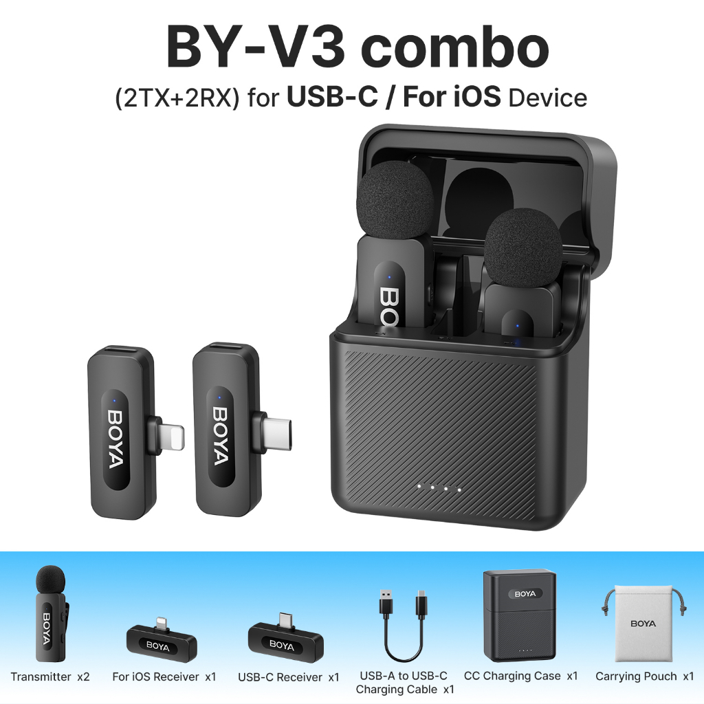BOYA BY-V3 Comboไมค์ไร้สาย ไมค์ตัดเสียงรบกวน ไมค์ไลฟ์สด พร้อมกล่องชาร์จ สำหรับ สมาร์ทโฟน USB-C ...
