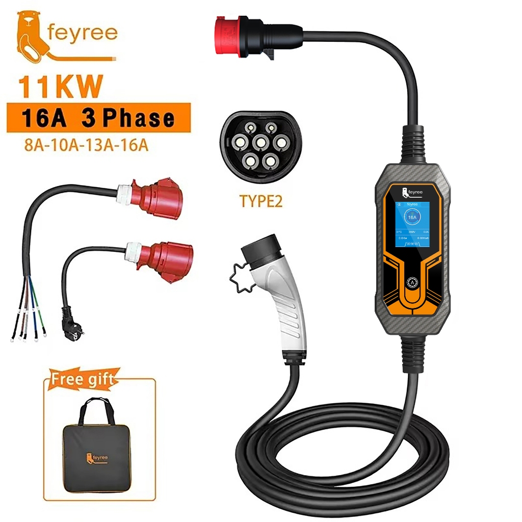 Feyree กล่องชาร์จไฟฟ้า 11KW 16A EV Type2 5 ม. EVSE 3 เฟส ปลั๊ก CEE IEC62196-2 สําหรับรถยนต์ ...