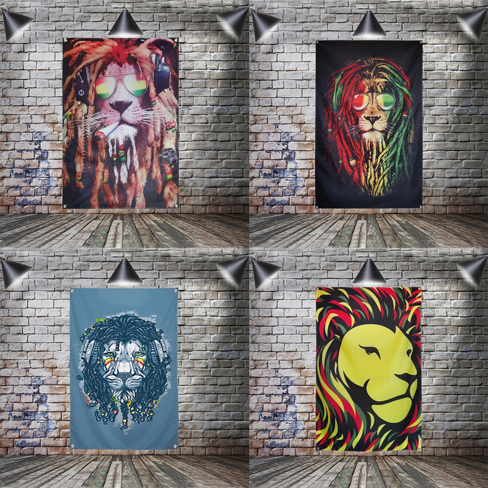 Reggae Rasta Lion Flag แบนเนอร์เพลง Rock โพลีเอสเตอร์ 3*5FT Hang On ...