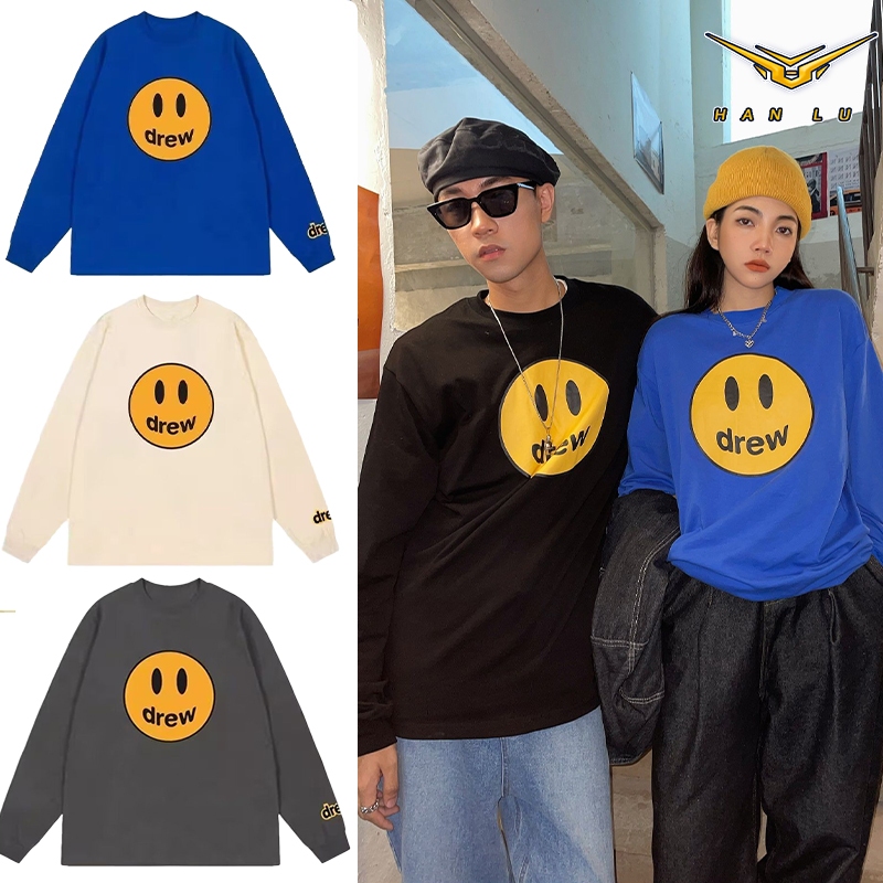 HANLU เสื้อยืดแขนยาวผู้ชายยิ้มใบหน้าพิมพ์หลวมด้านบน | Shopee Thailand