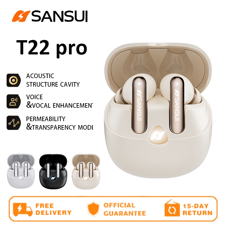 Sansui T22 Pro หูฟังไร้สายบลูทูธ Deep Talk Noise Cancellation Wind Noise Resistance True ...