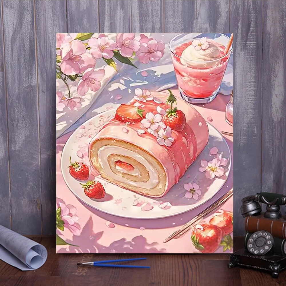 【ORFON】40×50cm ระบายสีตามตัวเลข/ภาพวาด/ภาพวาดผ้าใบ/เค้กโรลสีชมพู/ระบายสีตามตัวเลข Diy/ภาพแต่ง ...