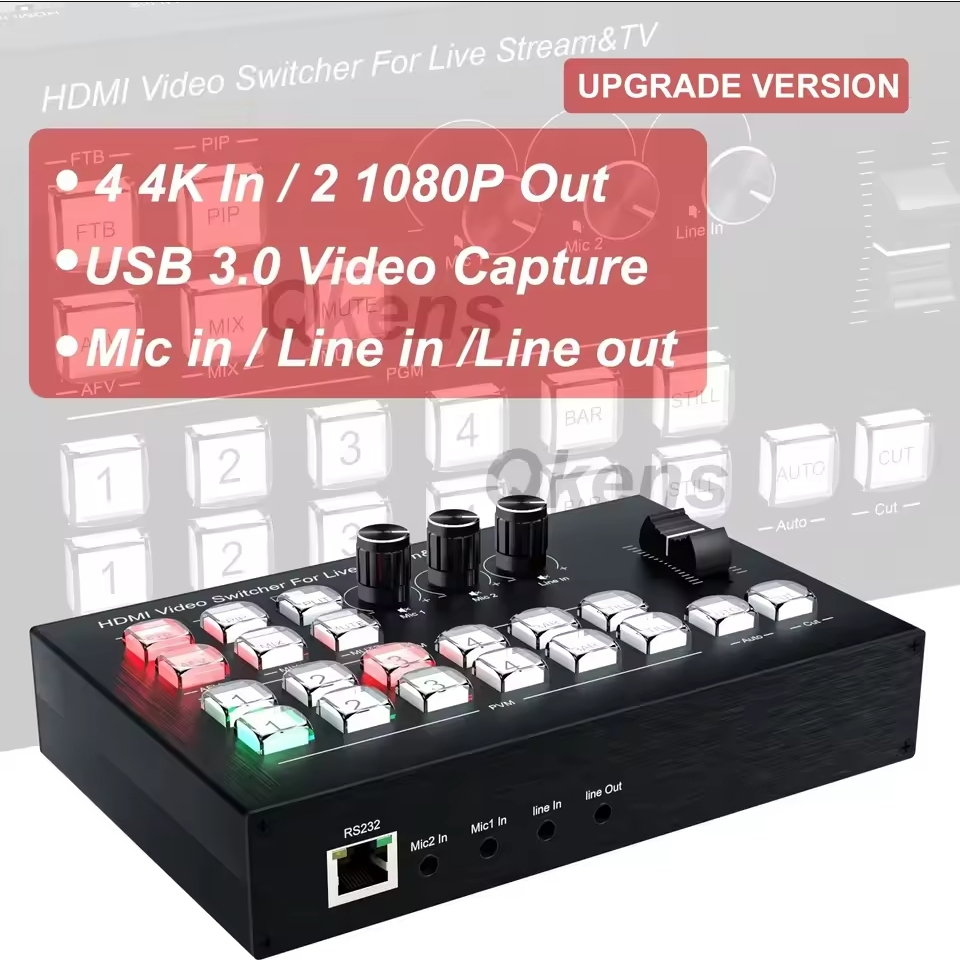 4k 4 Channel HDMI Video Multi Camera Switcher สําหรับถ่ายทอดสดสตรีมมิ่งการผลิต Video Mixer ...