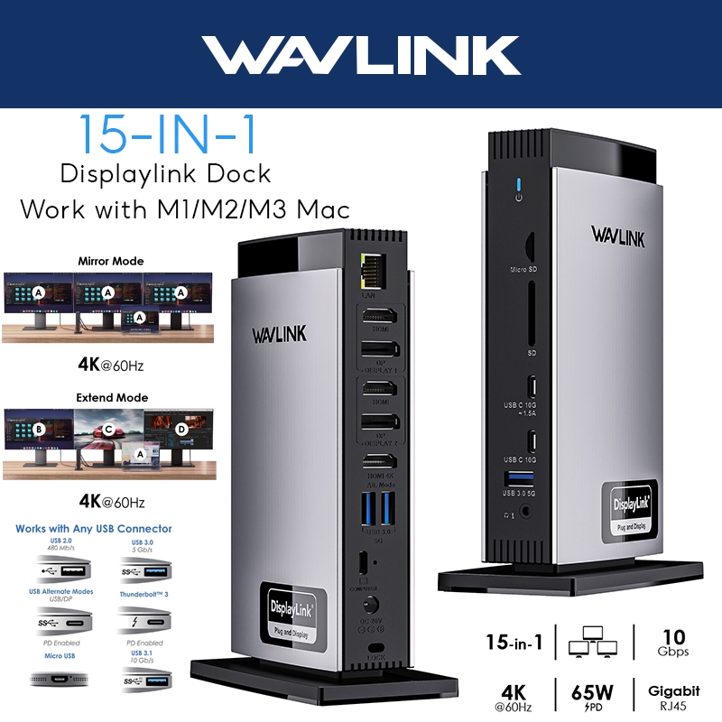 Wavlink 15 In 1 DisplayLink Docking Station จอแสดงผล Triple 4K พร้อม 3 ...