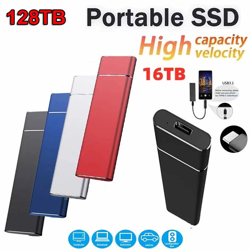 Ssd แบบพกพาความเร็วสูง 1TB โซลิดสเตตภายนอก 2TB 8TB 16TB 60TB 128TB Type-C USB3.1 ฮาร์ดไดรฟ์มือ ...