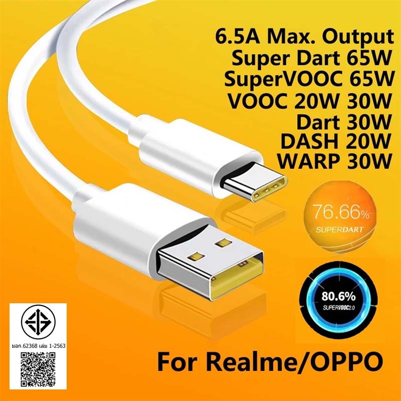 Realme 6.5A Type C Data Cable OPPO 65w 50W Super Fast Charge Super Dart Vooc Real Me 7 Pro 8 8i ...
