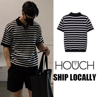 Houch พร้อมส่ง COD เสื้อเชิ้ตคอปกแขนสั้นลายทางไม่มีกระดุมผ้าหนา สวมใส่ ...