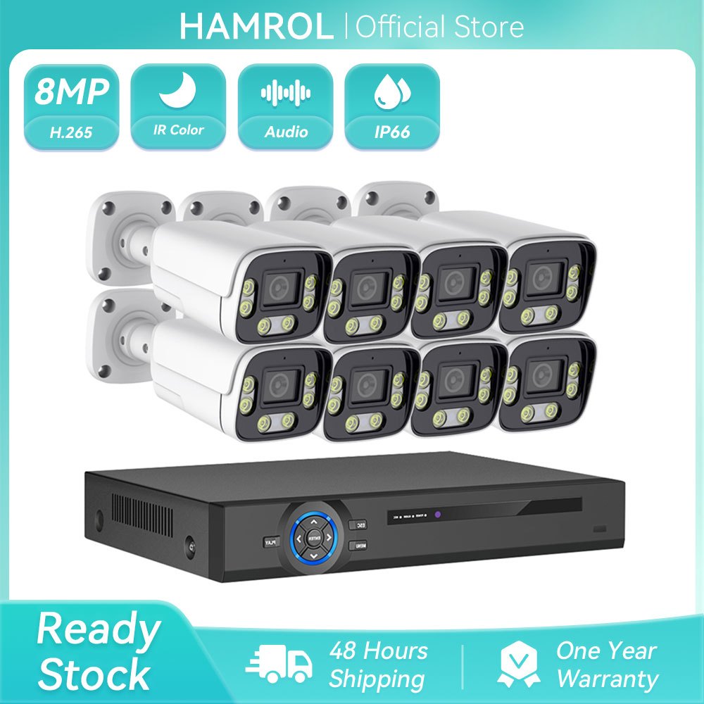 Hamrol 4K 8MP POE Network Surveillance Camera Set System 6-Light Remote ...