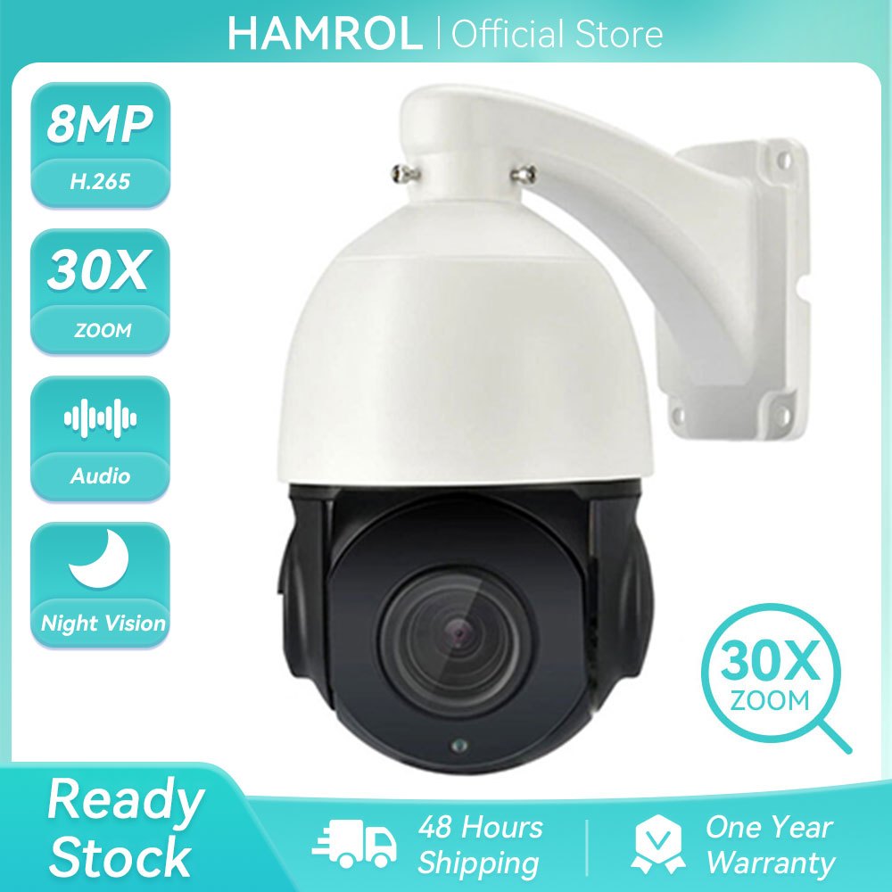 Hamrol 8MP 4K PTZ 30X Zoom 360° IP Camera SD Card Slot Two Way Audio POE 48V Outdoor 5MP CCTV H ...
